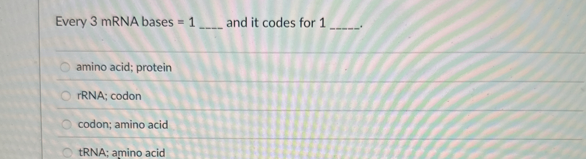 Solved Every 3 ﻿mRNA bases = 1and it codes for 1amino acid; | Chegg.com