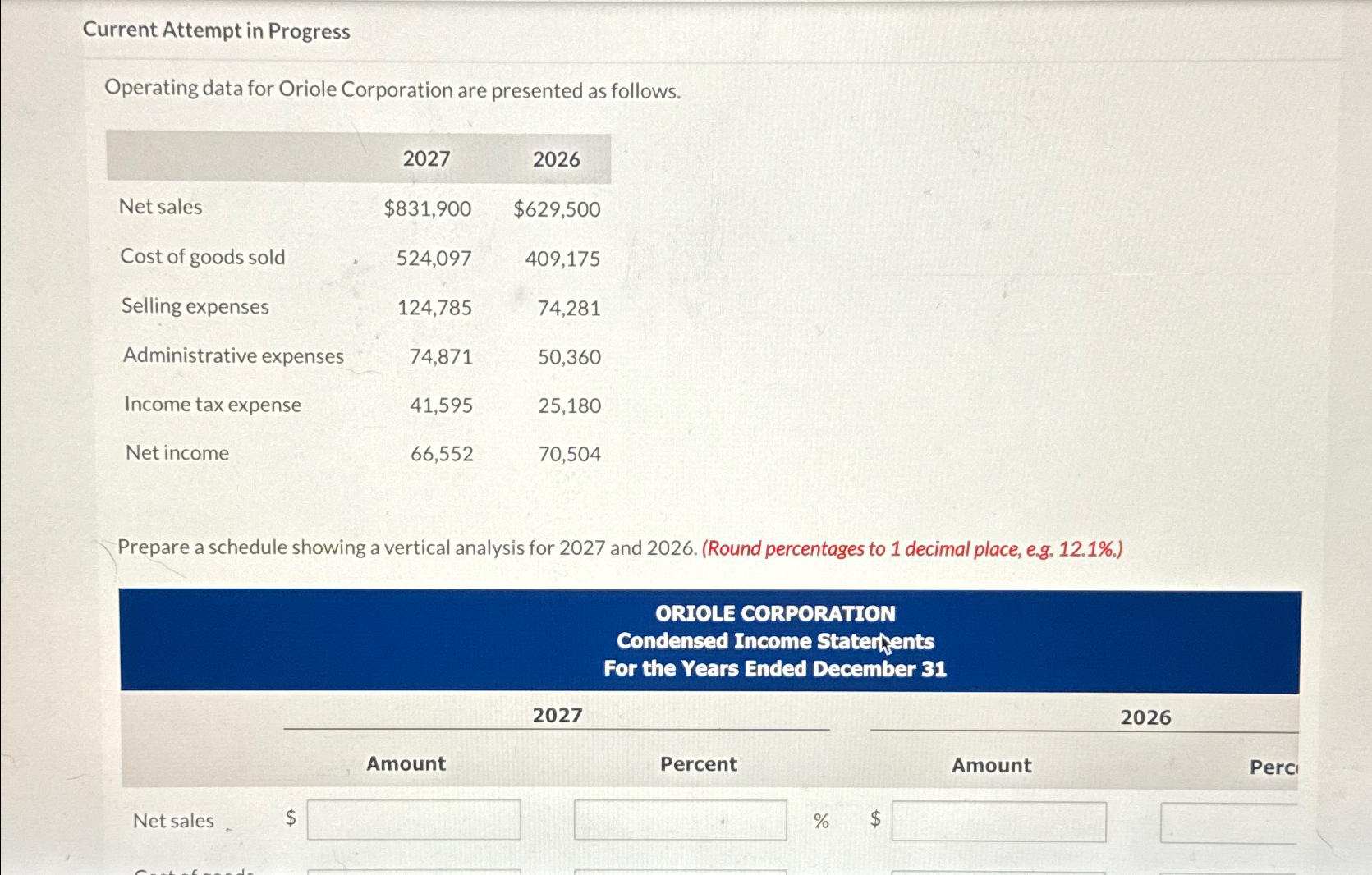 Current Attempt in ProgressOperating data for Oriole | Chegg.com