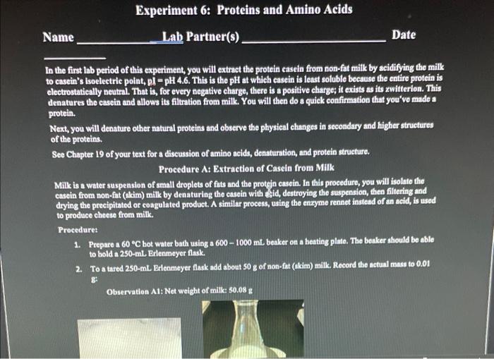 Solved Experiment 6: Proteins and Amino Acids Name Lab | Chegg.com