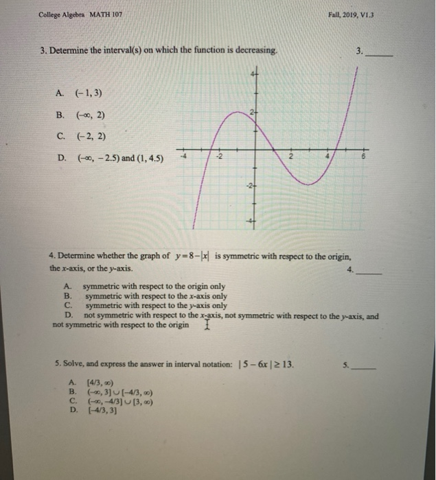Solved College Algebra MATH 107 Fall, 2019, VI.3 3. | Chegg.com