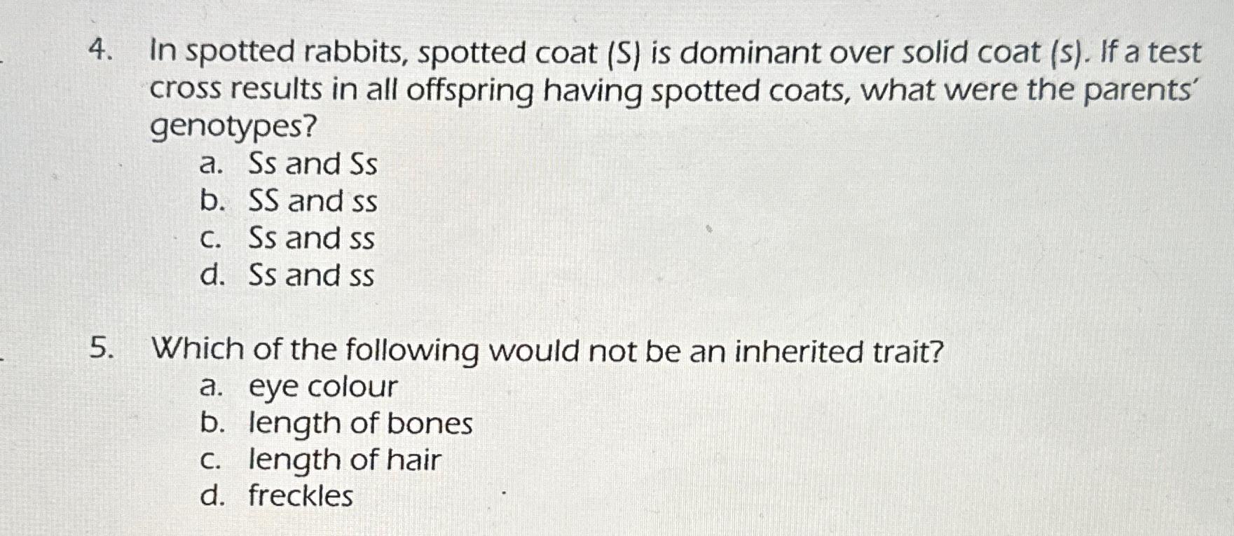 Solved In spotted rabbits, spotted coat ( S ) ﻿is dominant | Chegg.com
