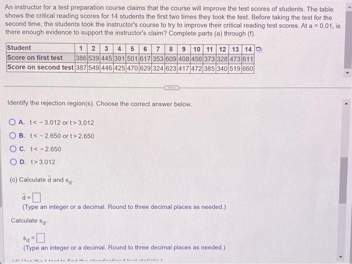 Solved An instructor for a test preparation course claims | Chegg.com