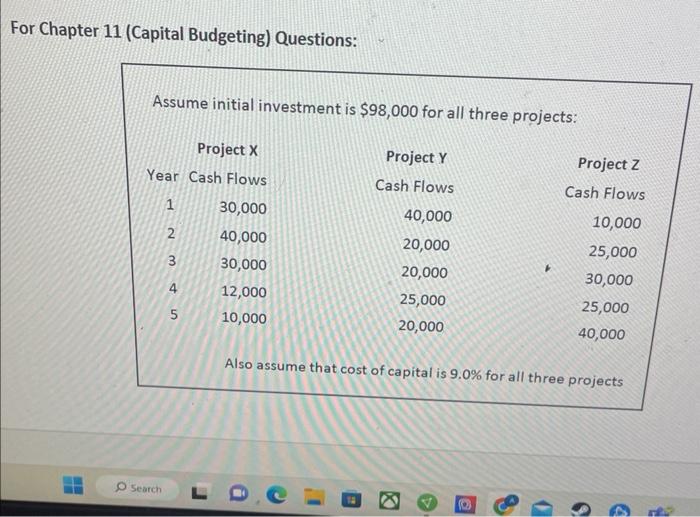 Solved For Chapter 11 (Capital Budgeting) Questions: Assume | Chegg.com
