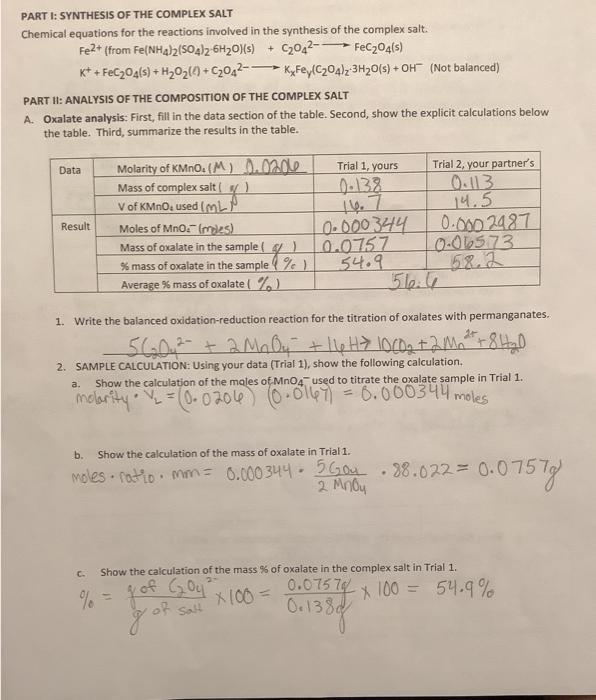 Solved show the molar mass calculation of your complex salt | Chegg.com