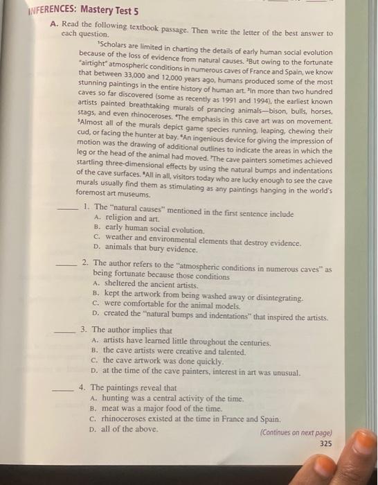 Solved INFERENCES: Mastery Test 5 A. Read the following | Chegg.com