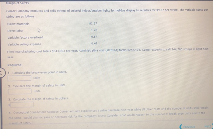 Solved Margin of Safety Comer Company produces and sells | Chegg.com