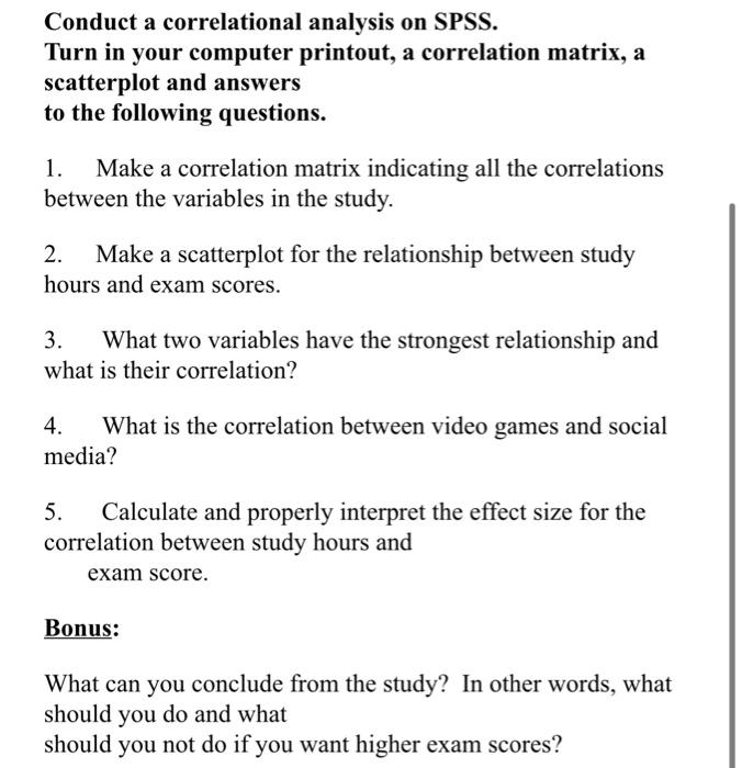 Conduct a correlational analysis on SPSS. Turn in | Chegg.com