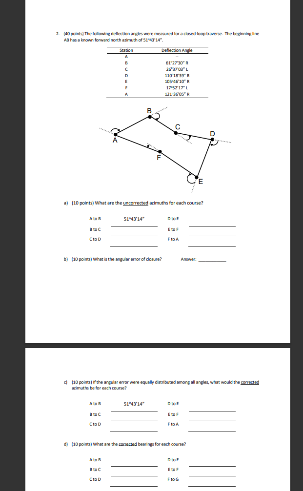 Solved 2. (40 ﻿points) ﻿The following deflection angles were | Chegg.com