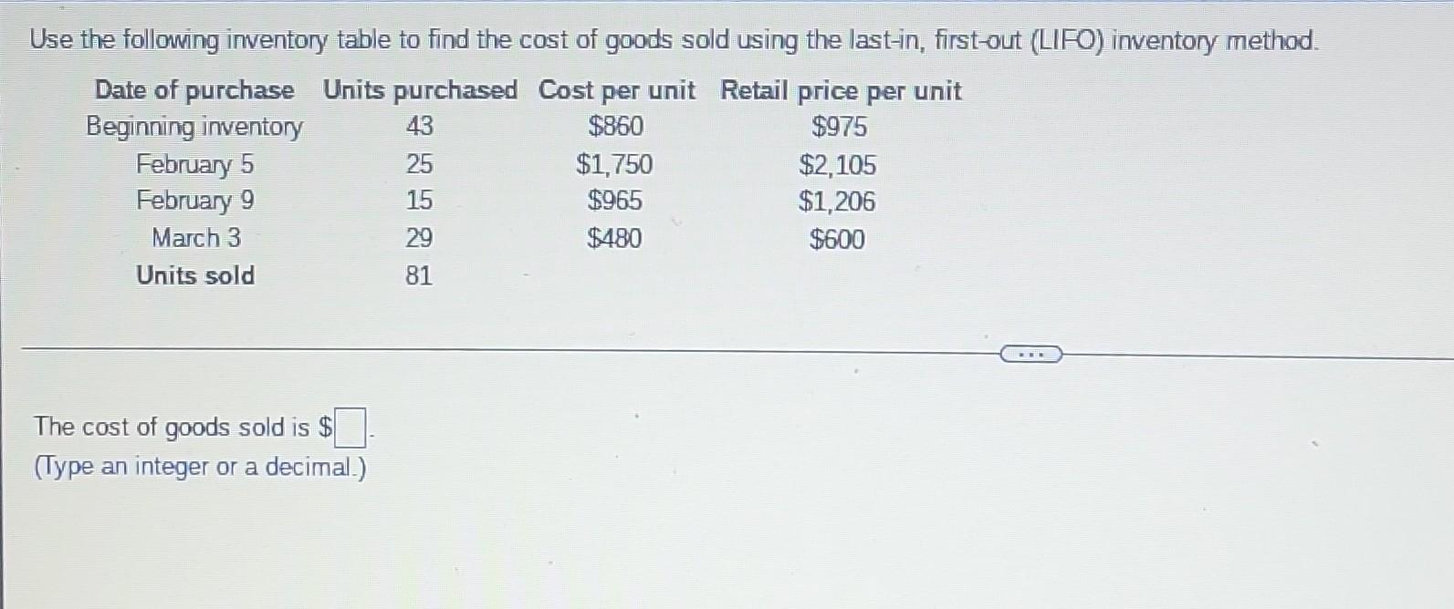 Solved Use the following inventory table to find the cost of | Chegg.com