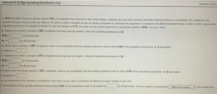 Solved Exercise 07.35 Algo (Sampling Distribution of p) | Chegg.com