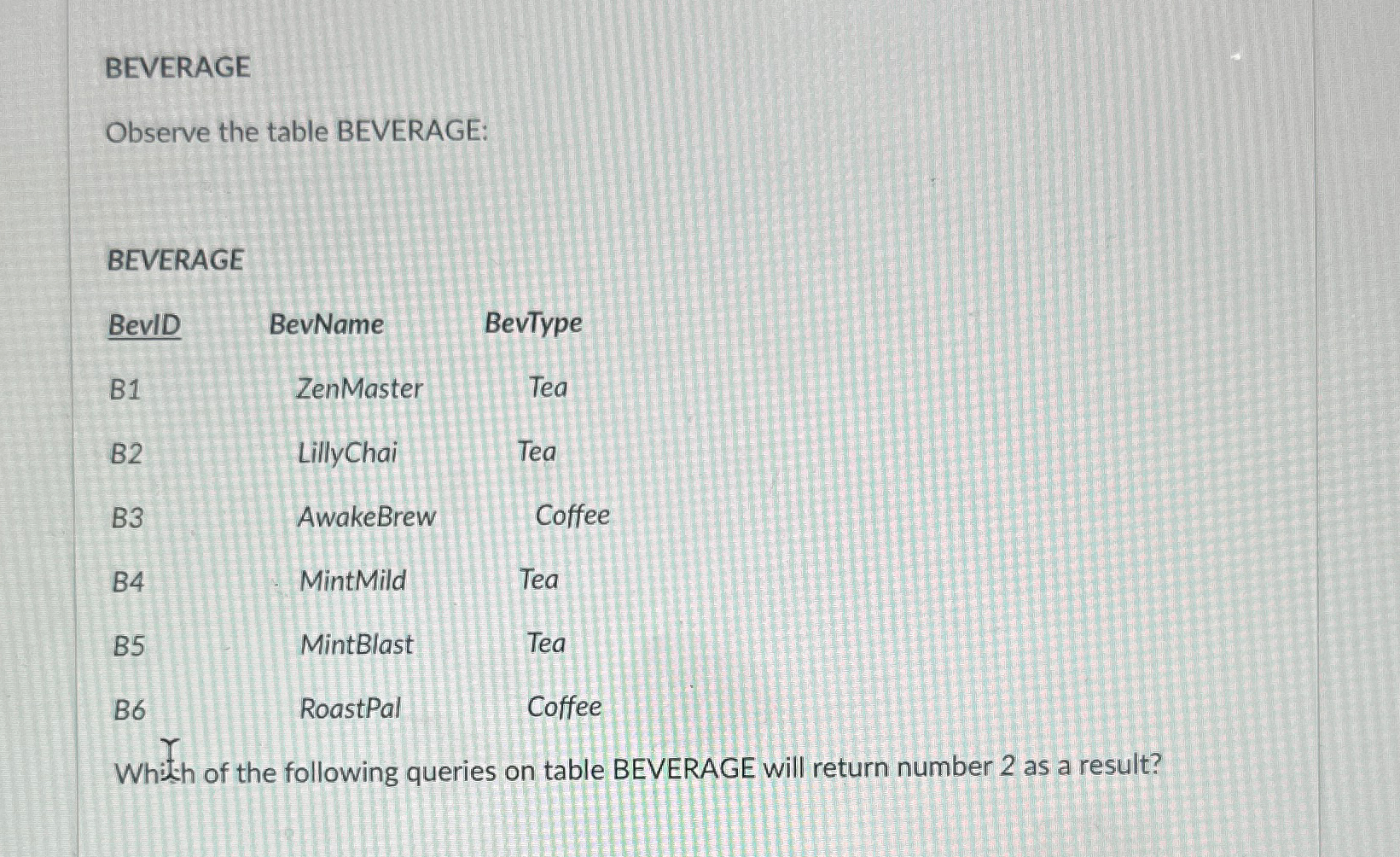 Solved BEVERAGEObserve the table | Chegg.com