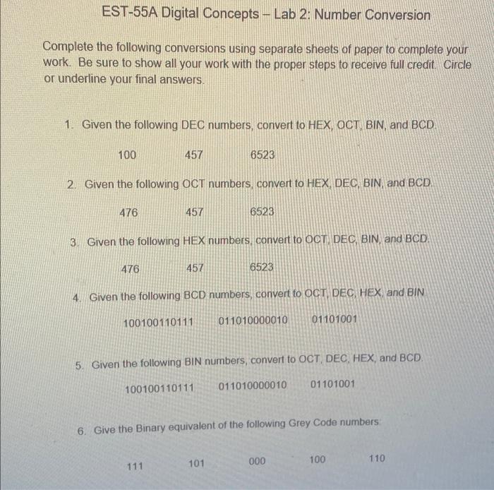 Solved EST-55A Digital Concepts - Lab 2: Number Conversion | Chegg.com