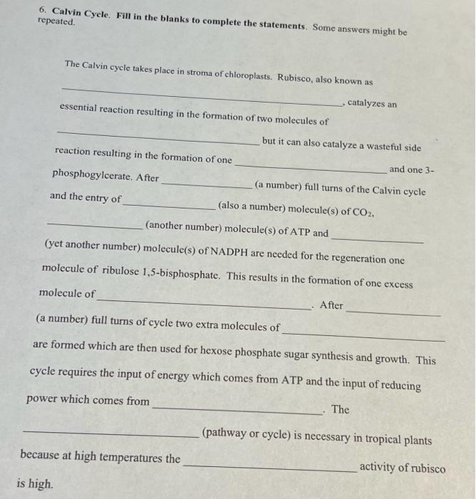 Solved 6. Calvin Cycle. Fill in the blanks to complete the | Chegg.com