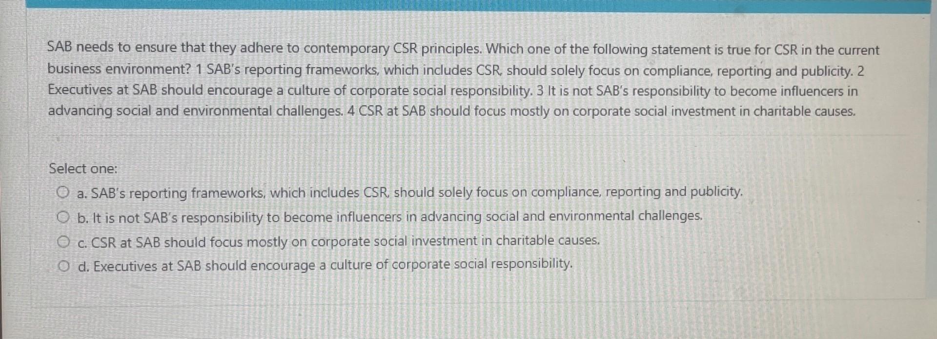Solved SAB needs to ensure that they adhere to contemporary | Chegg.com