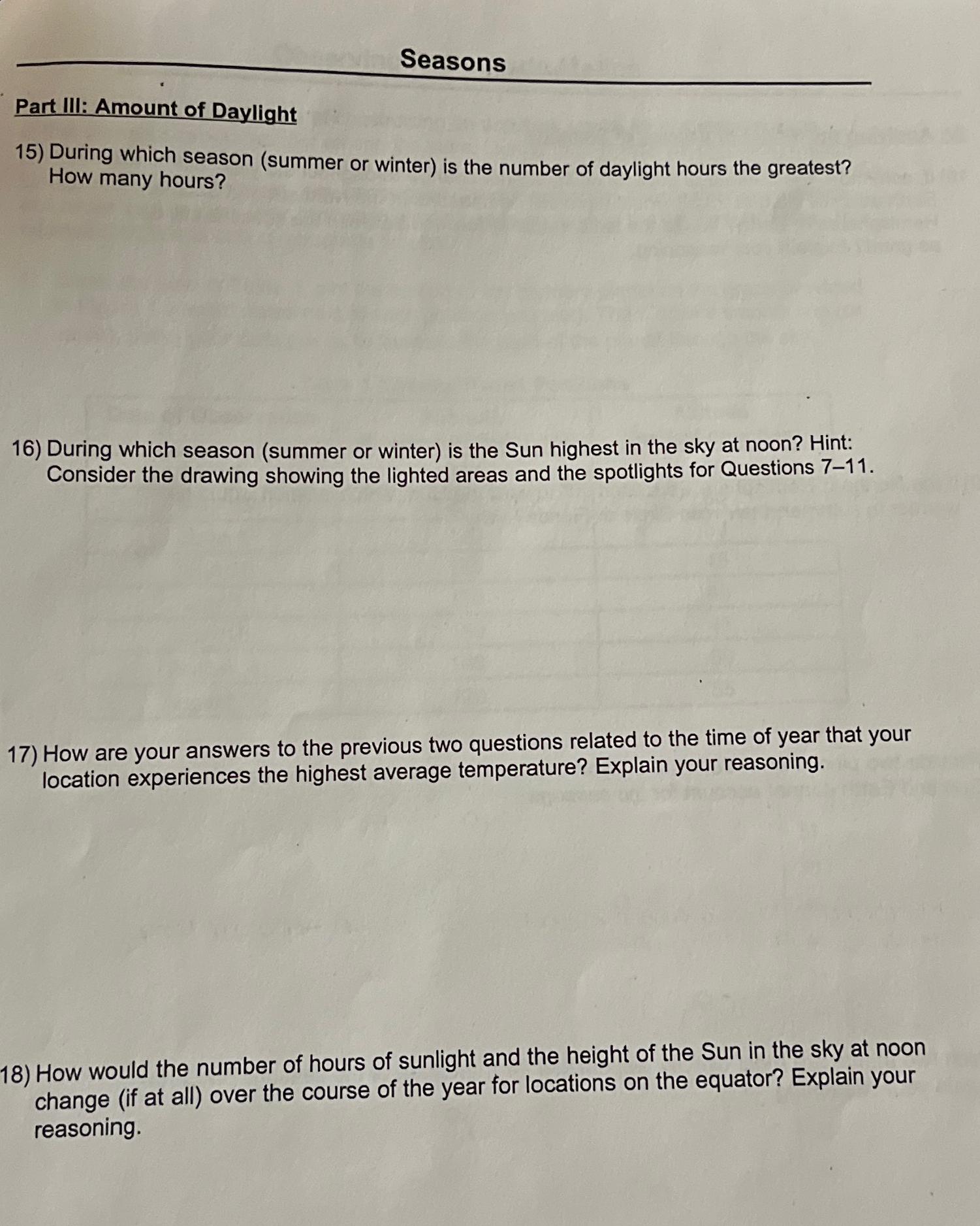 Solved SeasonsPart III: Amount of DaylightDuring which | Chegg.com