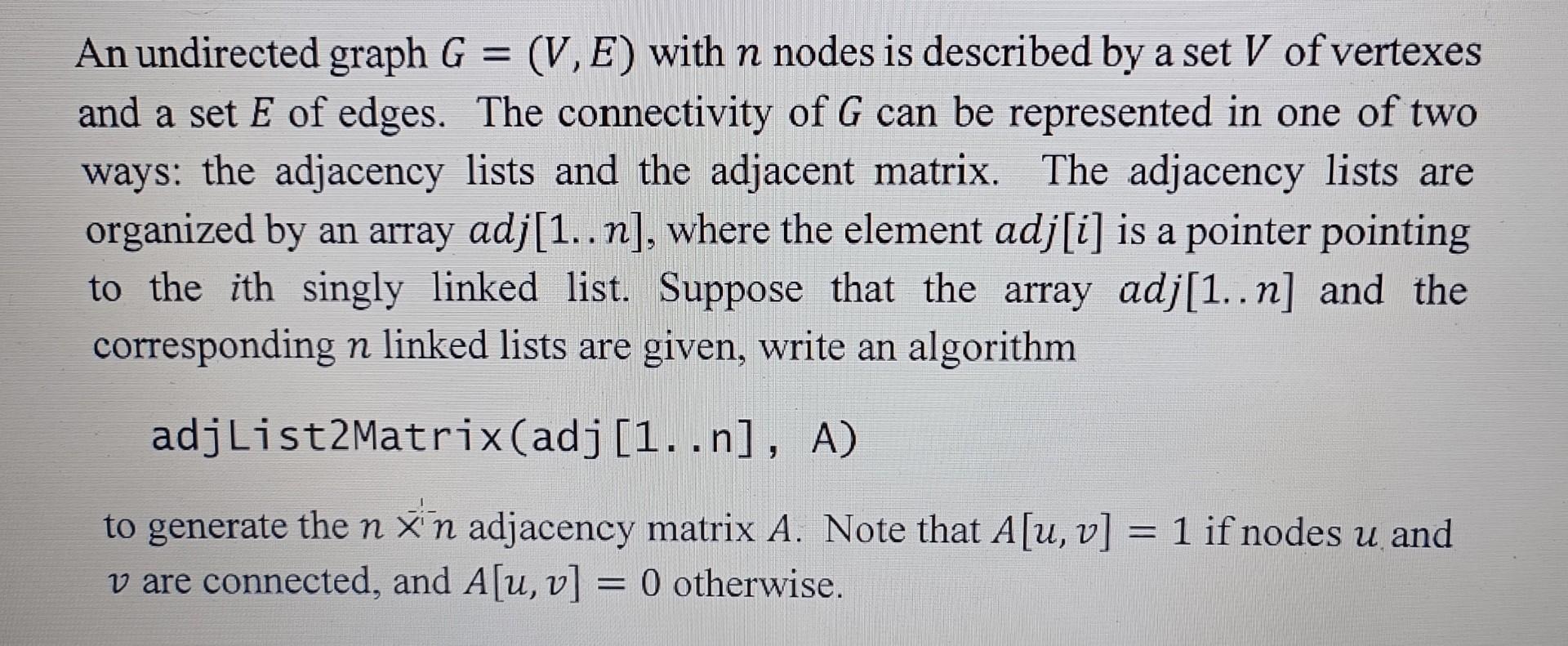 Solved An undirected graph G=(V,E) with n nodes is described | Chegg.com