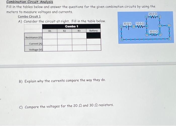 Solved Combination Circuit Analysis Fill in the tables below | Chegg.com