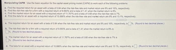 Solved Manipulating CAPM Use the basic equation for the | Chegg.com