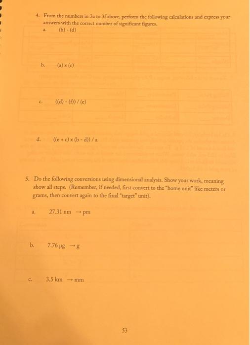 4. From the numbers in 3a to 3 f above, perform the | Chegg.com
