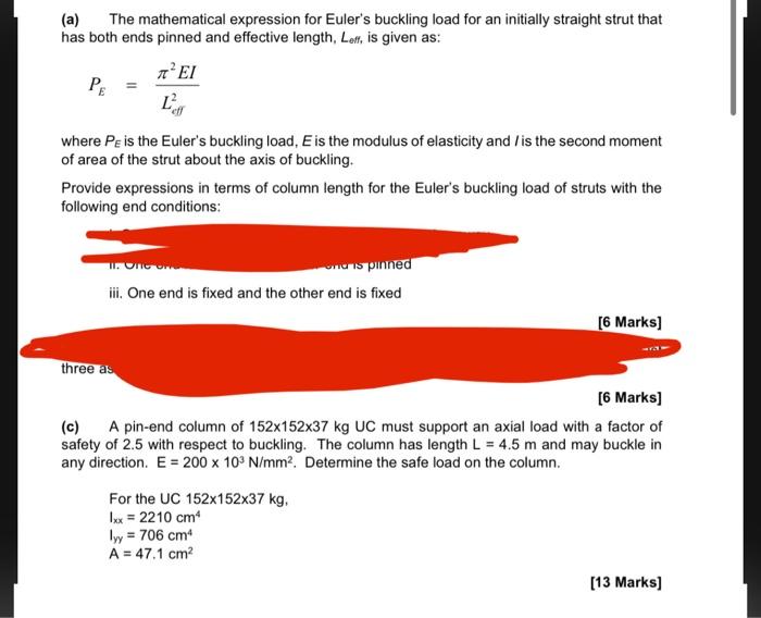 Solved (a) The mathematical expression for Euler's buckling | Chegg.com