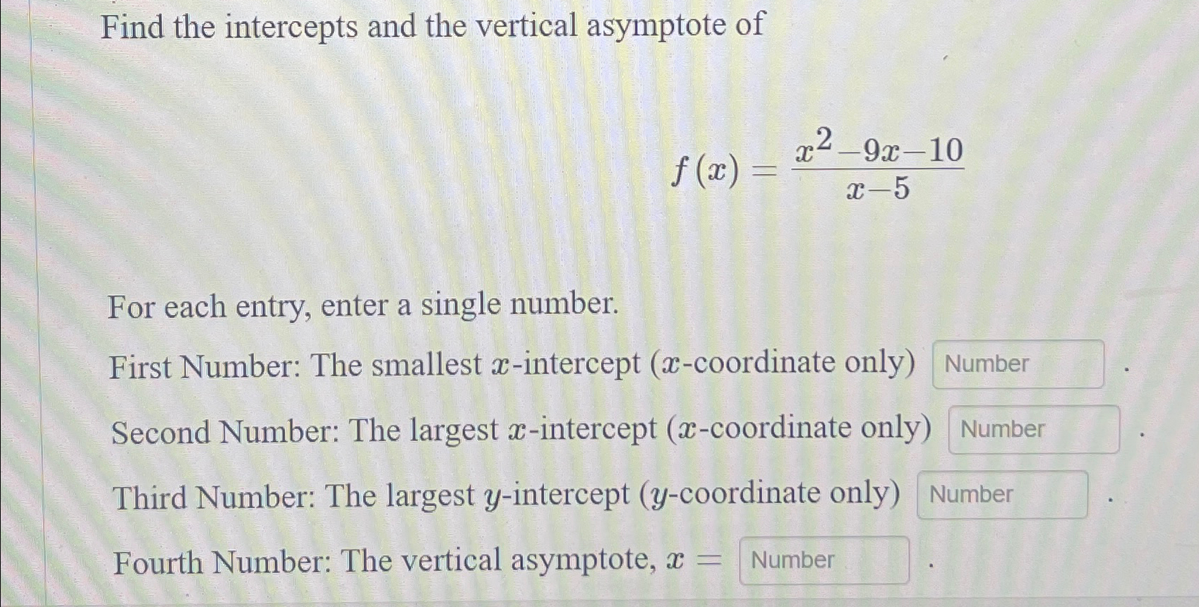 Solved Find the intercepts and the vertical asymptote | Chegg.com