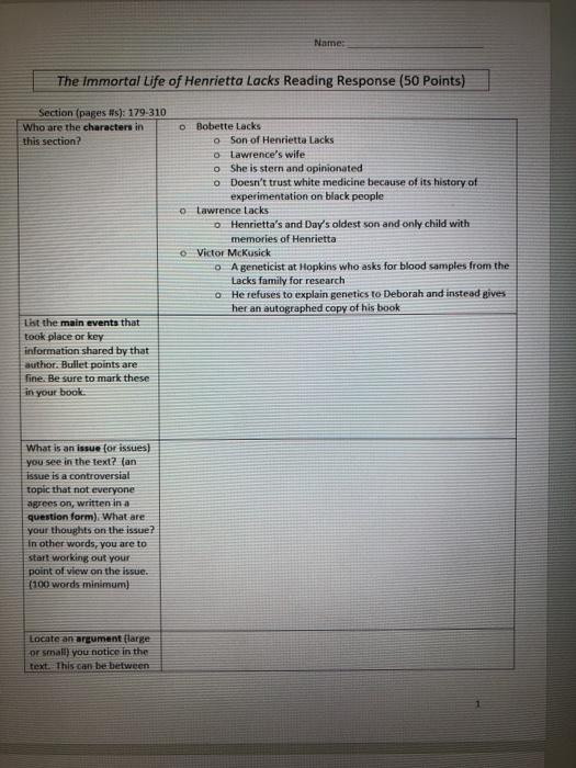 Name: The Immortal Life of Henrietta Lacks Reading | Chegg.com