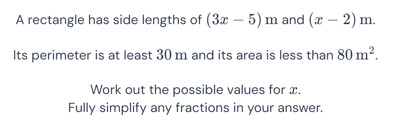 Solved A rectangle has side lengths of (3x-5)m ﻿and | Chegg.com