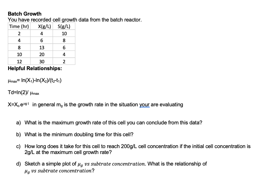 Solved Batch GrowthYou have recorded cell growth data from | Chegg.com