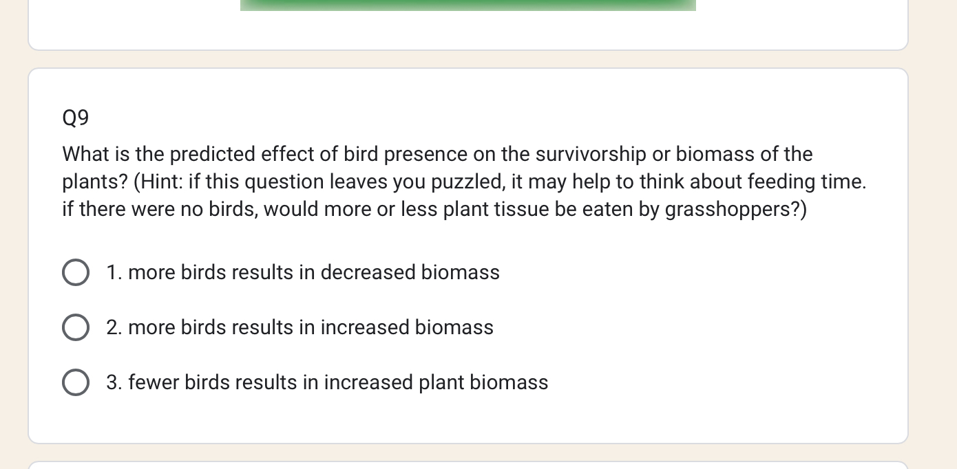 Solved Q9What is the predicted effect of bird presence on | Chegg.com