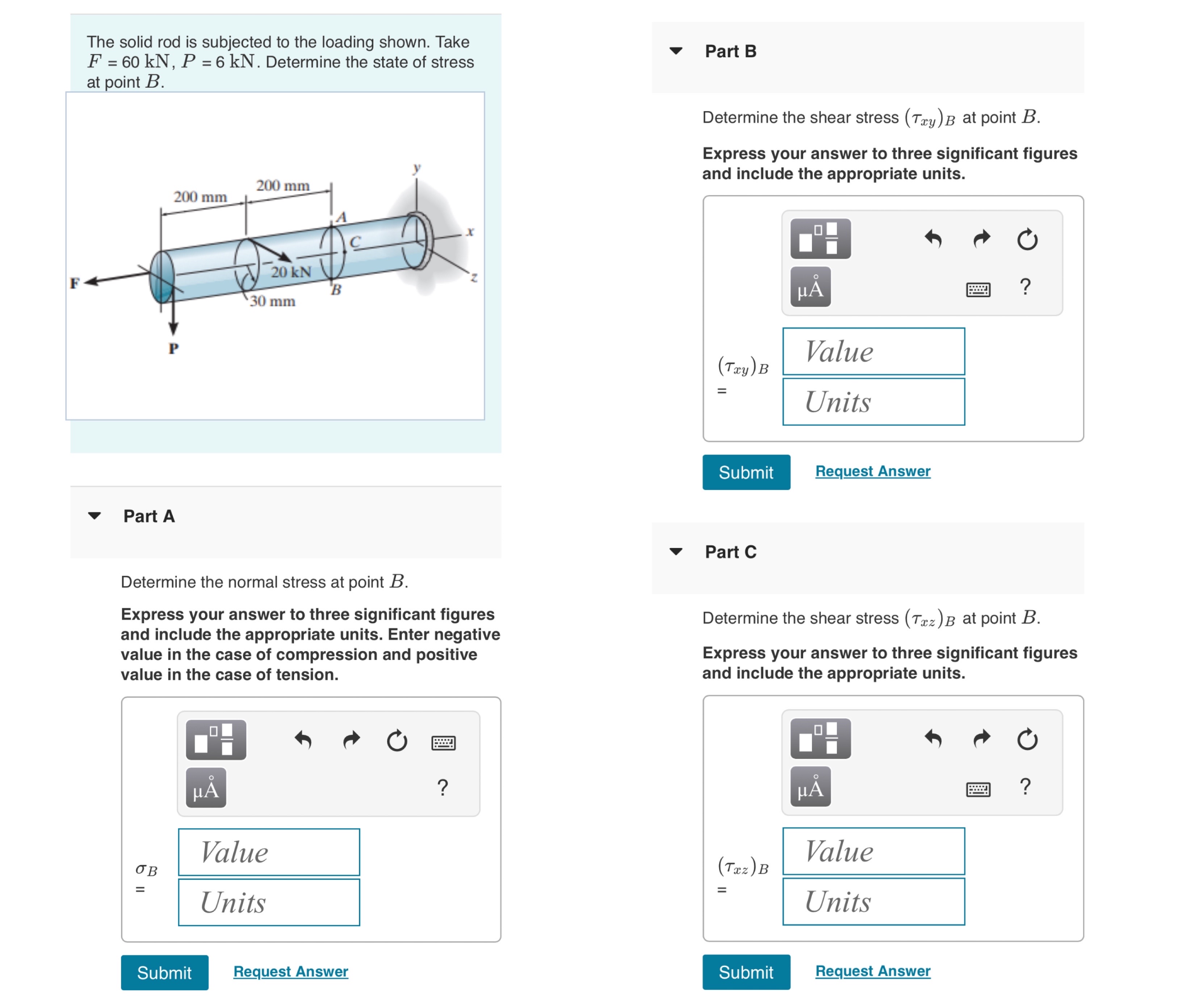 Solved The solid rod is subjected to the loading shown. Take | Chegg.com