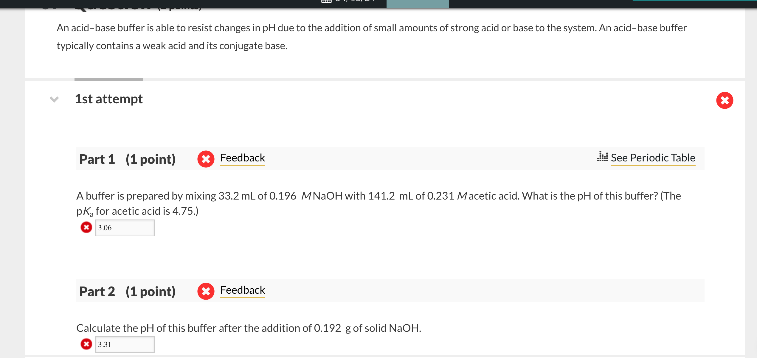 Solved An acid-base buffer is able to resist changes in pH | Chegg.com
