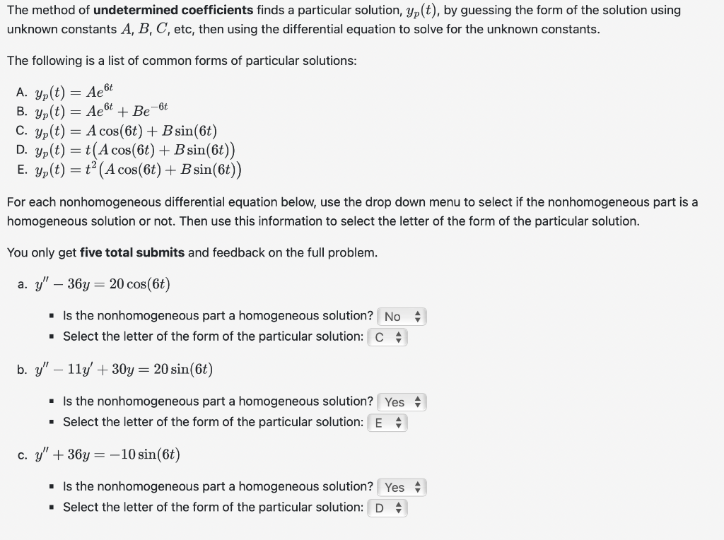 Solved The method of undetermined coefficients finds a | Chegg.com