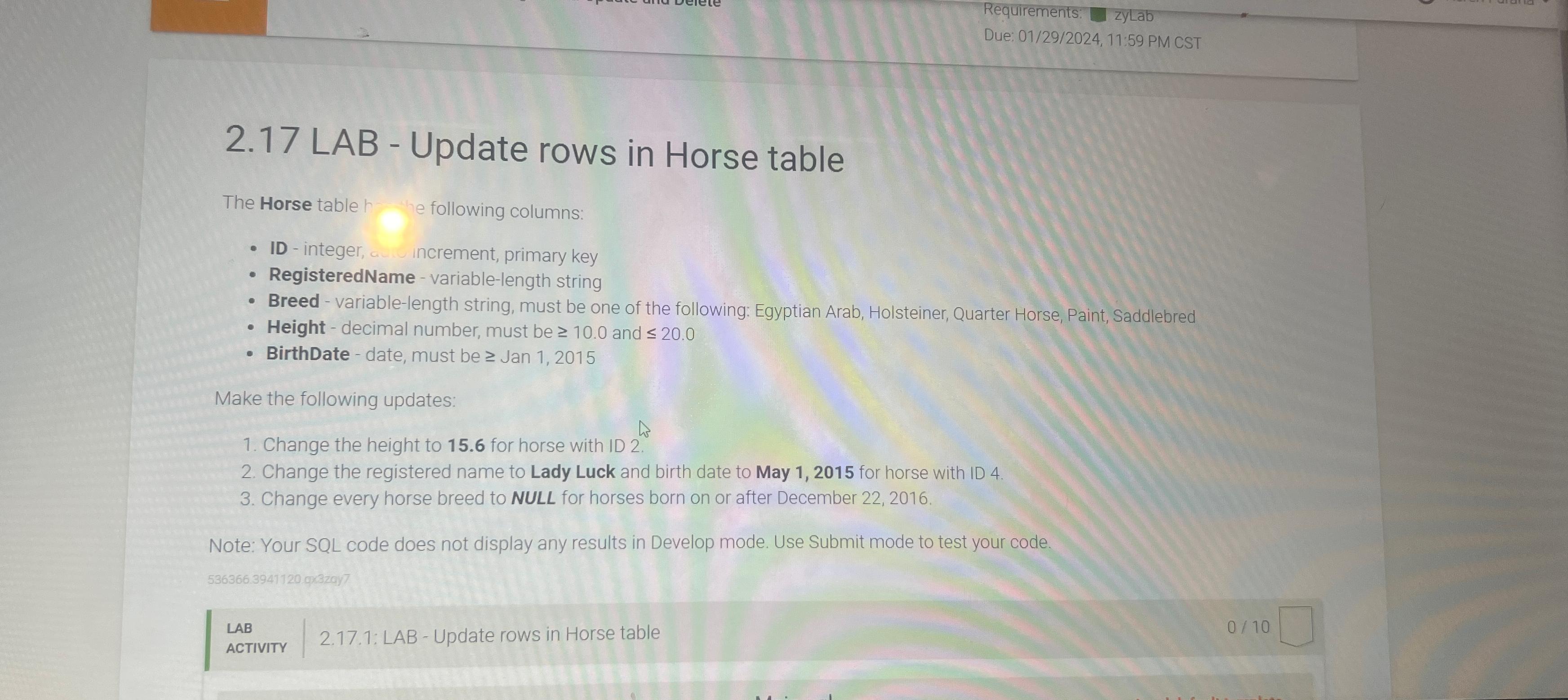 Solved 2.17 LAB - Update rows in Horse tableThe Horse | Chegg.com Solved 2.17 LAB - Update rows in Horse tableThe Horse | Chegg.com