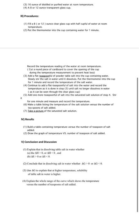 Experiment 4: Thermodynamic Variables of Dissolving | Chegg.com