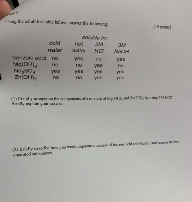 Solved ge 6: Using the solubility table below, answer the | Chegg.com