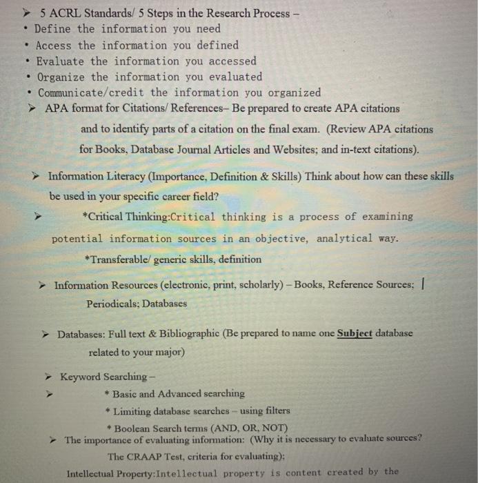 . 5 ACRL Standards/ 5 Steps in the Research Process | Chegg.com