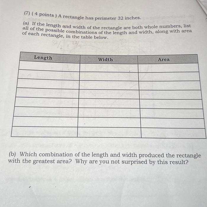 Solved (7) ( 4 points) A rectangle has perimeter 32 inches. | Chegg.com