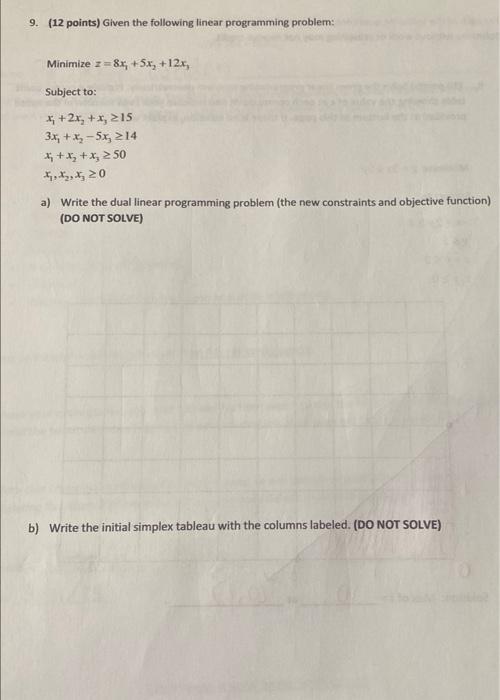 Solved 9. (12 points) Given the following linear programming | Chegg.com