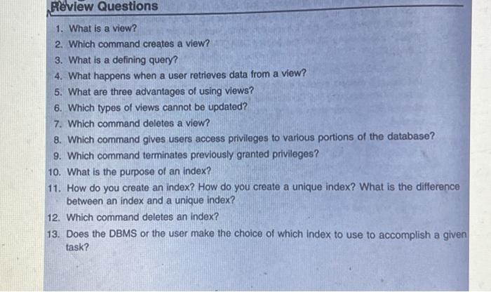 Solved 1. What is a view? 2. Which command creates a view? | Chegg.com