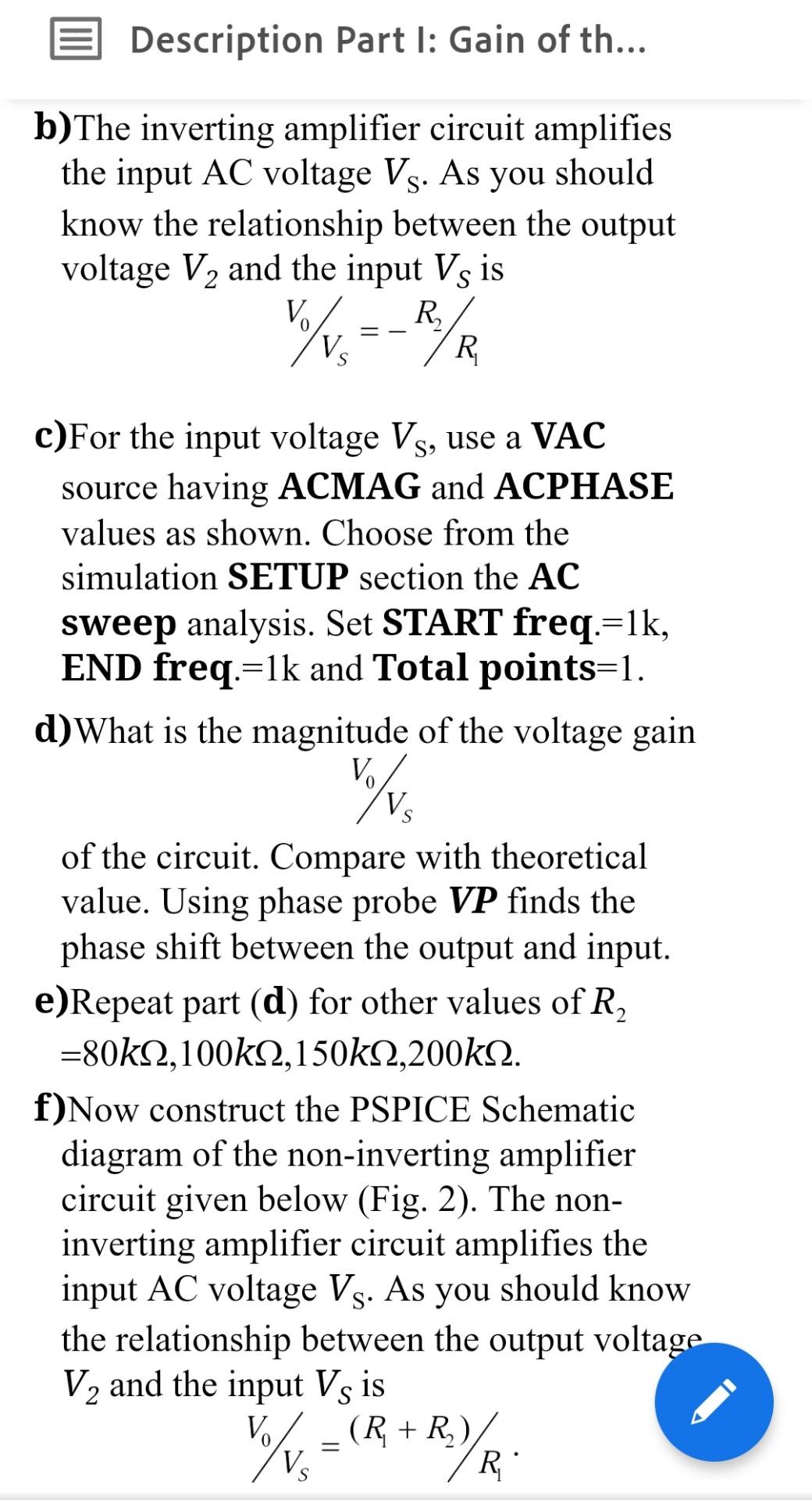 Solved Fig. 2: Non-Inverting AmplifierDescription Part I: | Chegg.com