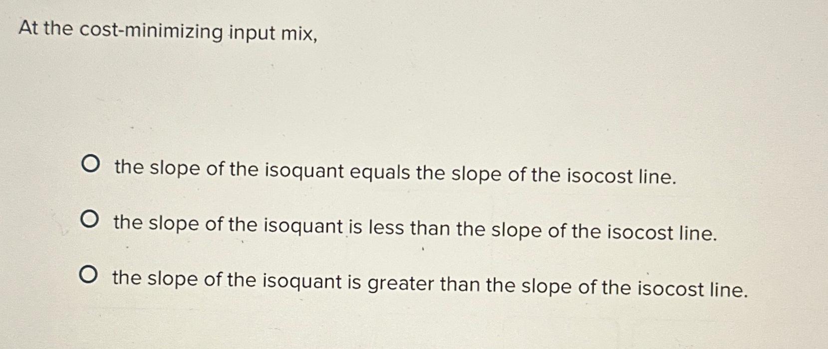 Solved At the cost-minimizing input mix,the slope of the | Chegg.com