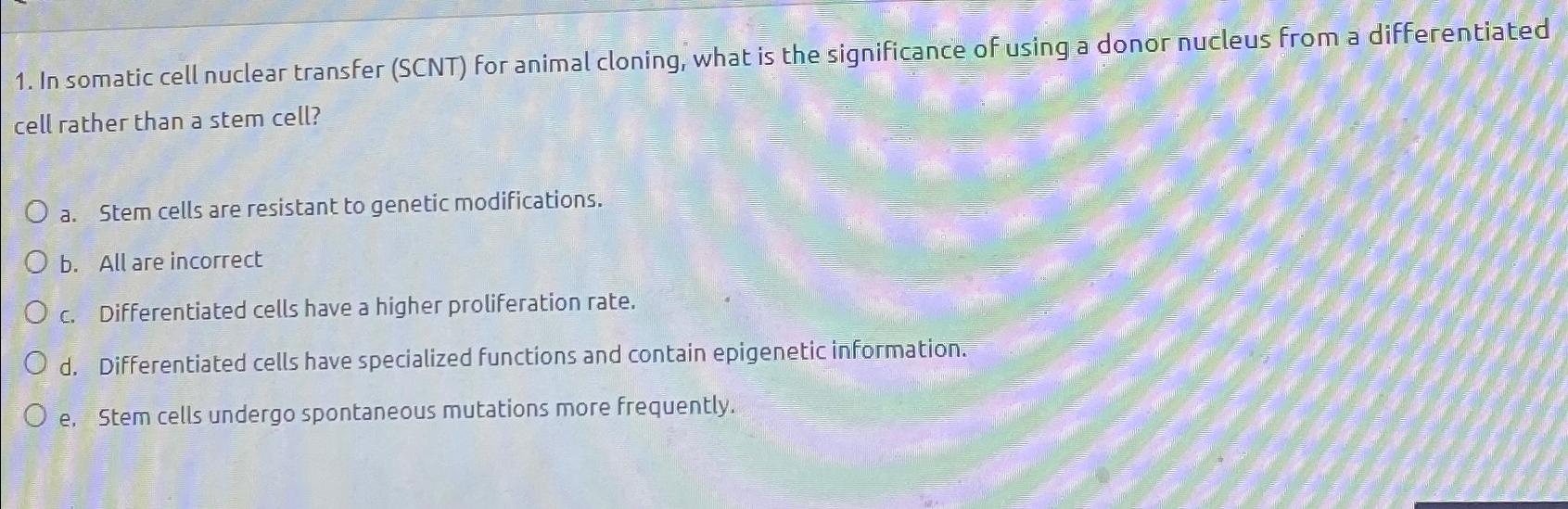 Solved In somatic cell nuclear transfer (SCNT) ﻿for animal | Chegg.com