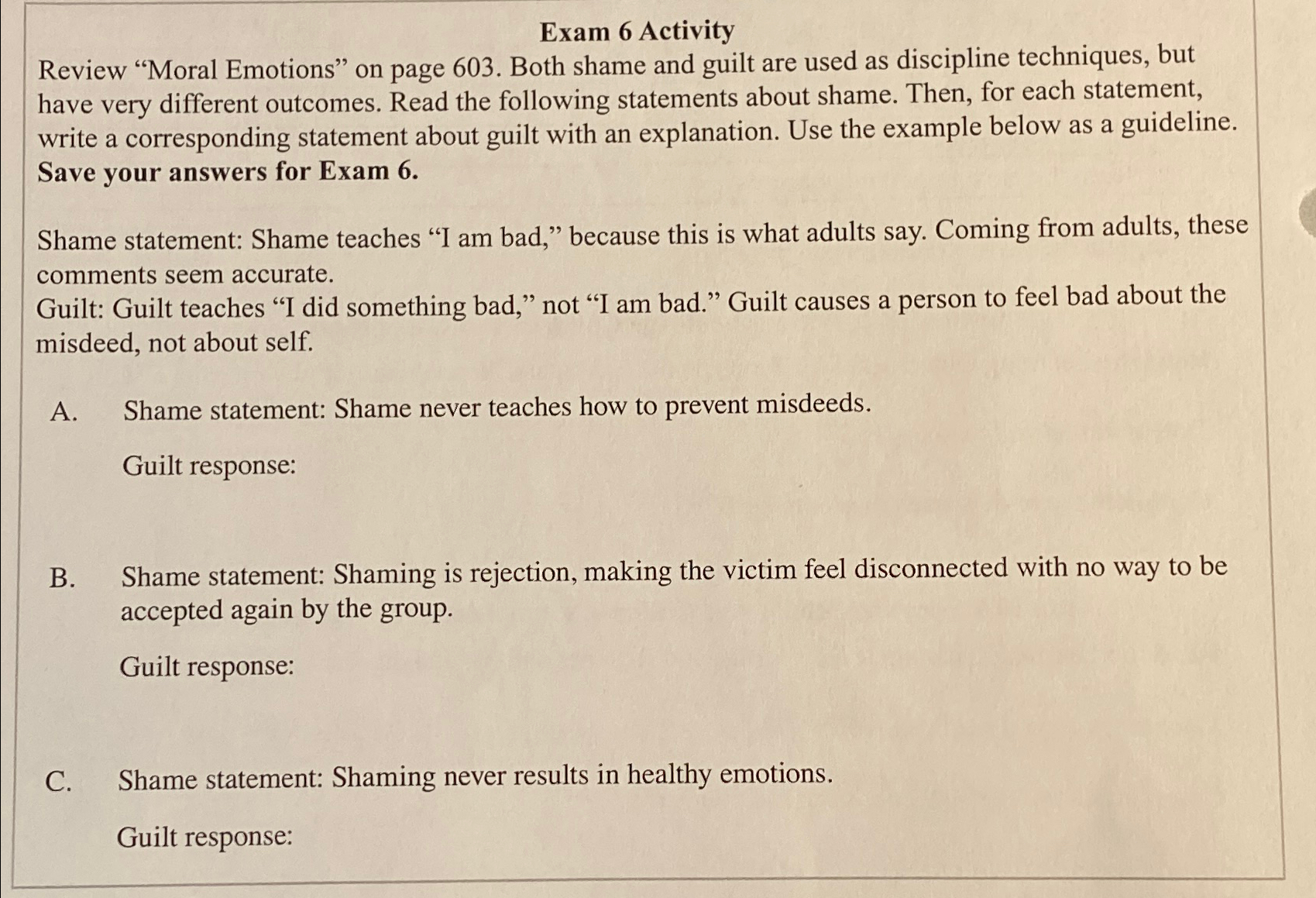 Exam 6 ﻿ActivityReview "Moral Emotions" on page 603. | Chegg.com