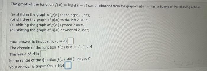 Solved The graph of the function f(x)=log3(x−7) can be | Chegg.com