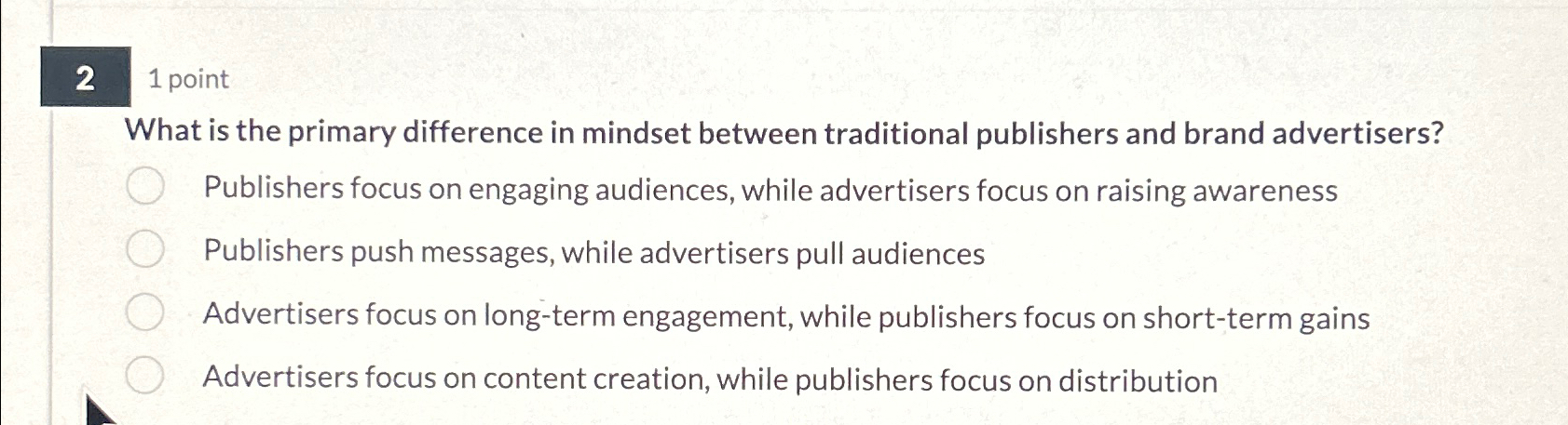 Solved 21 ﻿pointWhat is the primary difference in mindset | Chegg.com
