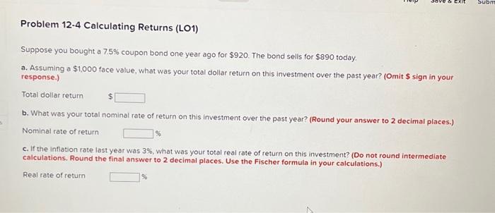 Solved Problem 12-4 Calculating Returns (LO1) Suppose you | Chegg.com Solved Problem 12-4 Calculating Returns (LO1) Suppose you | Chegg.com