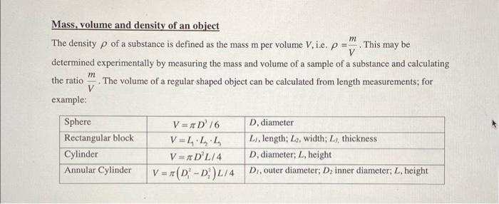Physics Lab Experiment 1 Mass, volume and density. | Chegg.com