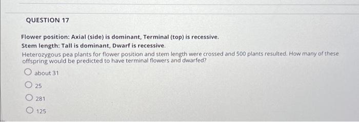 Solved Flower position: Axial (side) is dominant, Terminal | Chegg.com