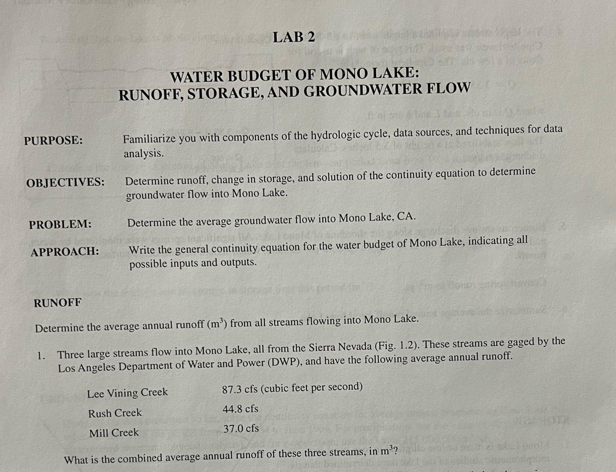 Solved LAB 2WATER BUDGET OF MONO LAKE: RUNOFF, STORAGE, AND | Chegg.com