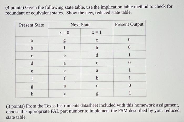 Solved (4 points) Given the following state table, use the | Chegg.com